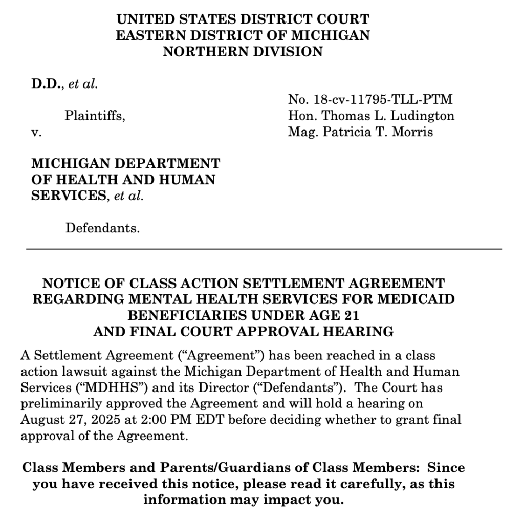 Notice of MDHHS Settlement re: Intensive Home & Community-Based ...